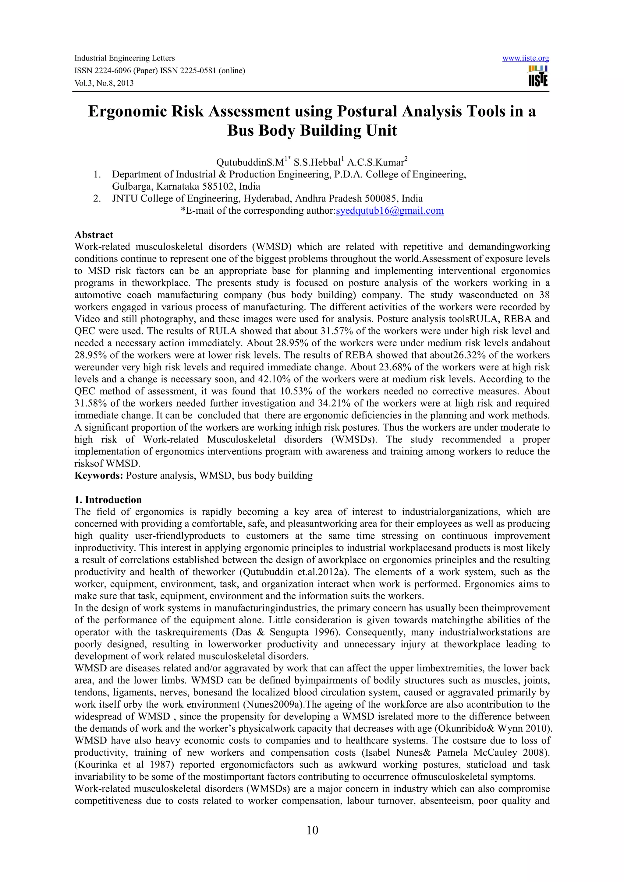 Ergonomic risk assessment using postural analysis tools in a bus body ...