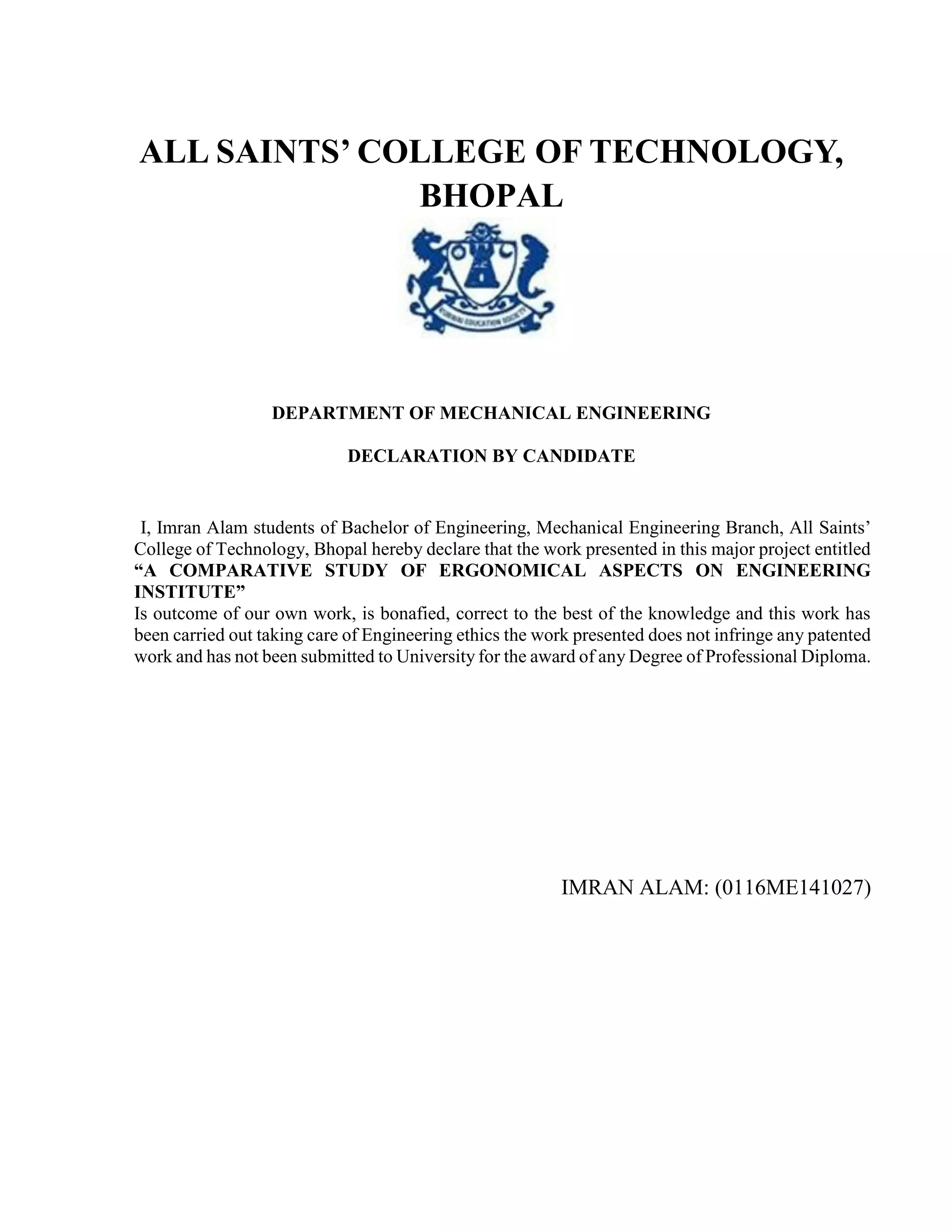 Major Project For B.TECH/B.E Final Year Student (Ergonomics) | PDF