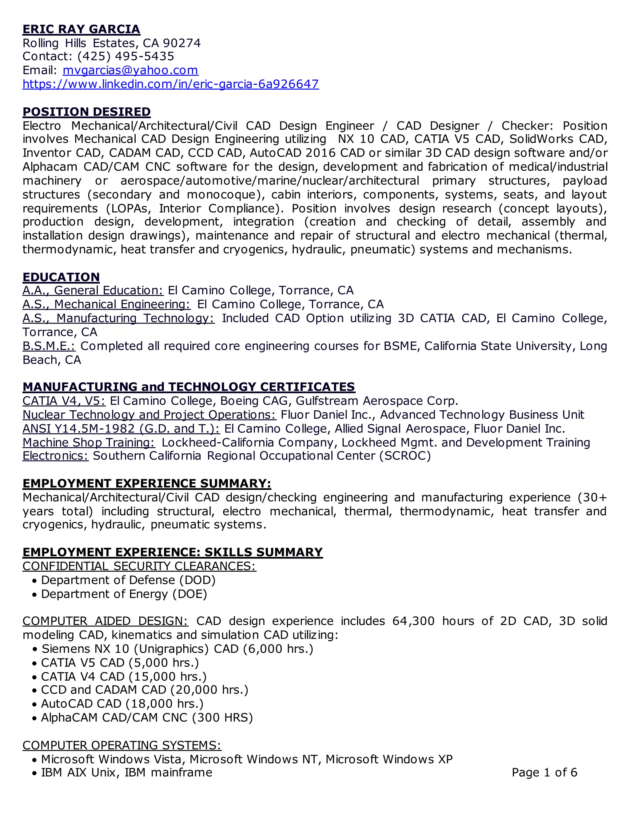 Eric Garcia resume 3D Cad Mechanical Design Engineer | DOCX