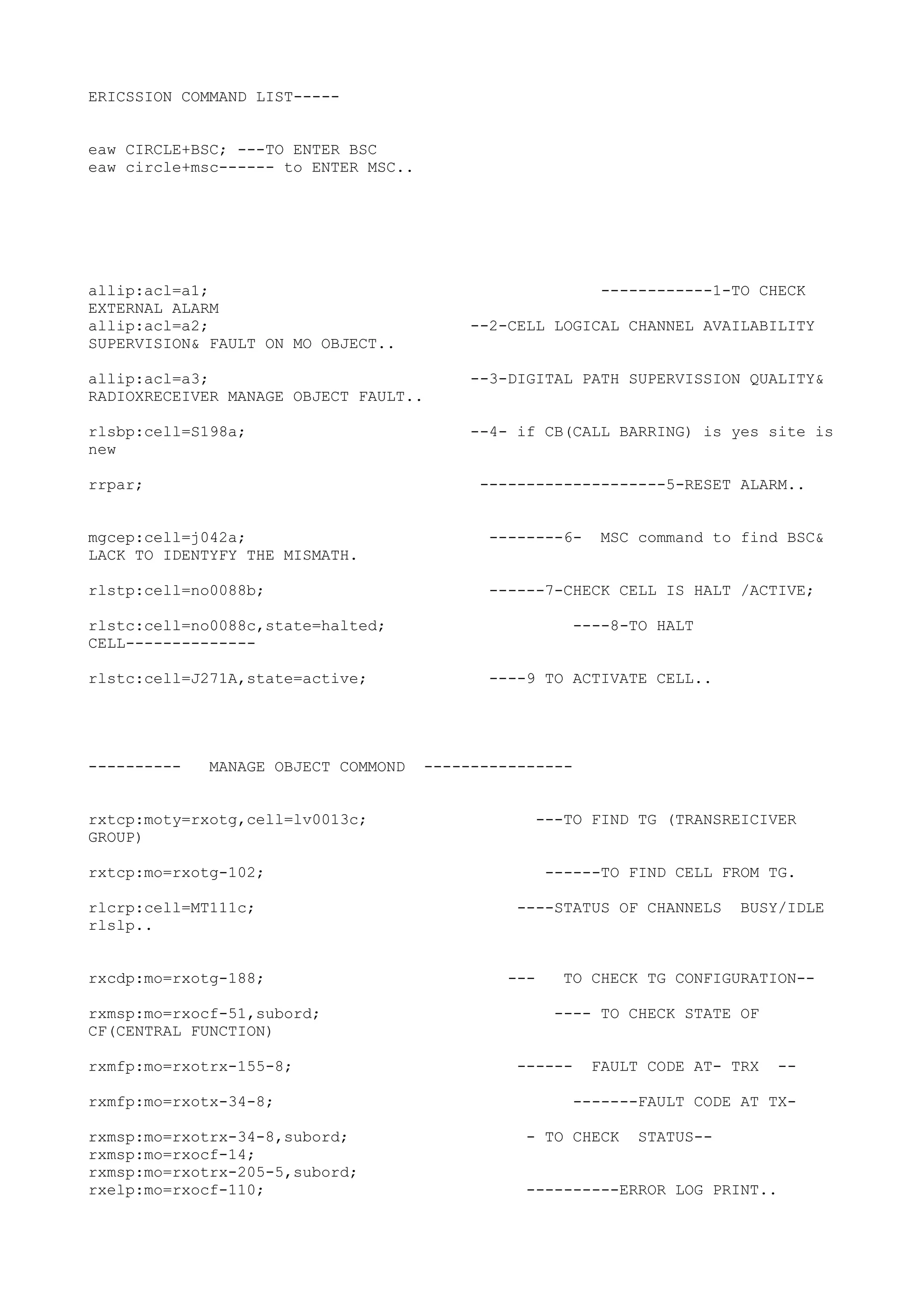 Ericsson commond list bss nss oss | TXT