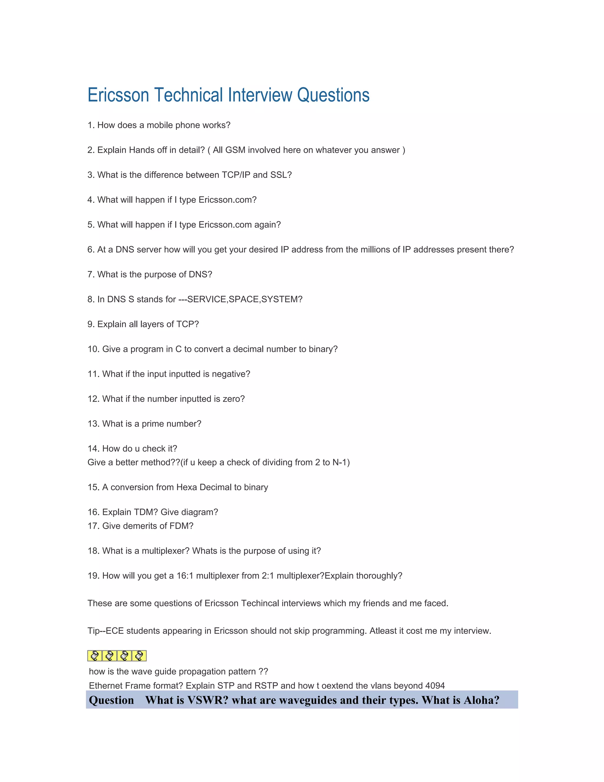 Ericsson technical interview questions | DOC