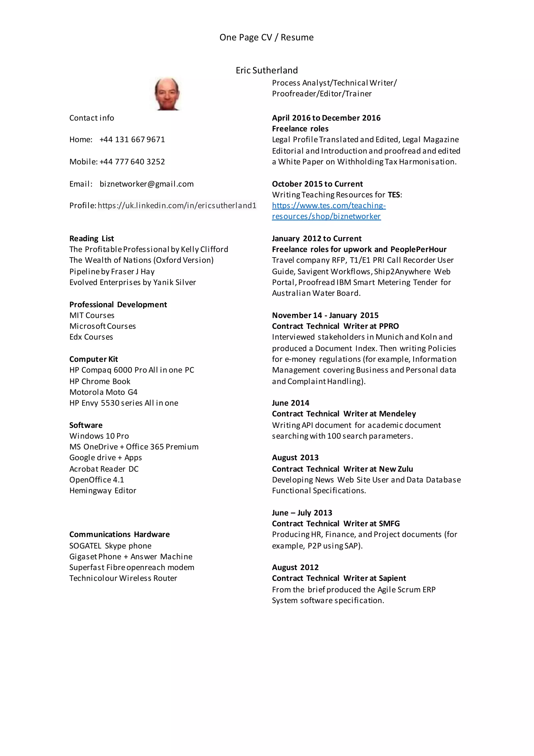 Eric sutherland 1 page cv tech writer | PDF