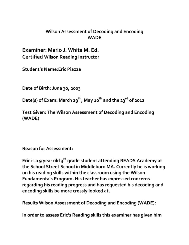 Eric wilson assessment of decoding and encoding | DOCX | Standardized ...