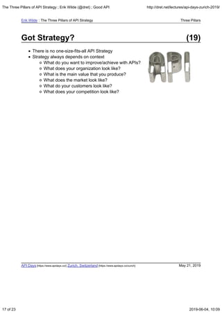 APIdays Zurich 2019 - The Three Pillars of API Strategy Erik Wilde, GoodAPI | PDF