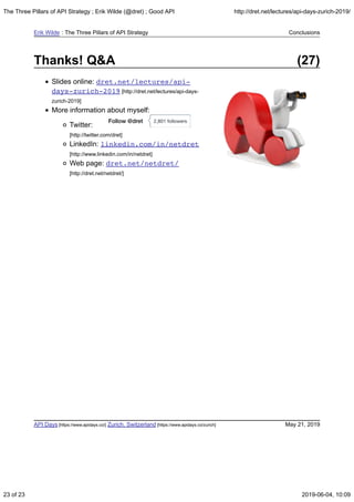 APIdays Zurich 2019 - The Three Pillars of API Strategy Erik Wilde ...