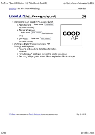 APIdays Zurich 2019 - The Three Pillars of API Strategy Erik Wilde, GoodAPI | PDF