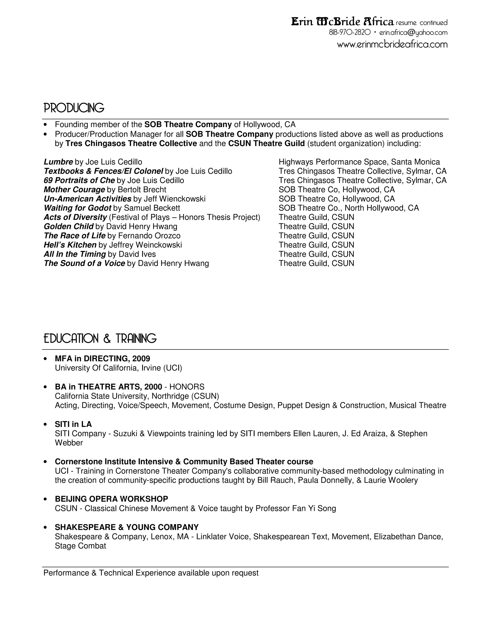 Erin Mc Bride Africa - Theatre Resume | PDF