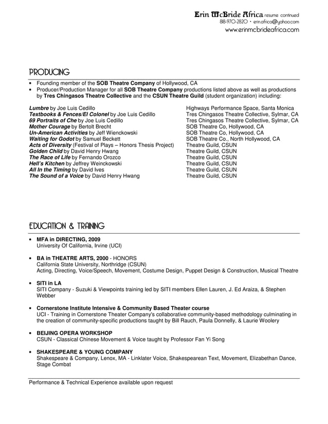 Erin Mc Bride Africa - Theatre Resume | PDF