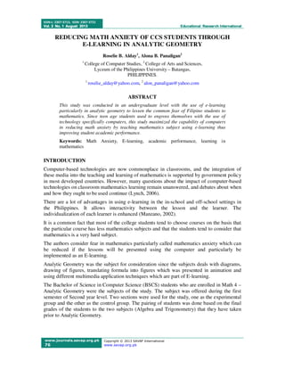 REDUCING MATH ANXIETY OF CCS STUDENTS THROUGH E-LEARNING IN ANALYTIC ...