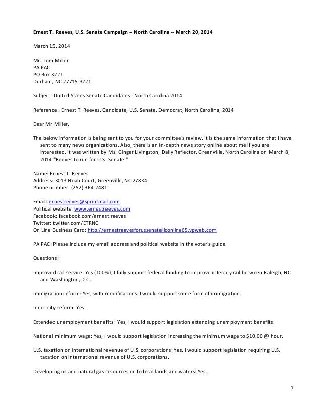 Ernest T Reeves 2014 PA-PAC US Senate Questionnaire