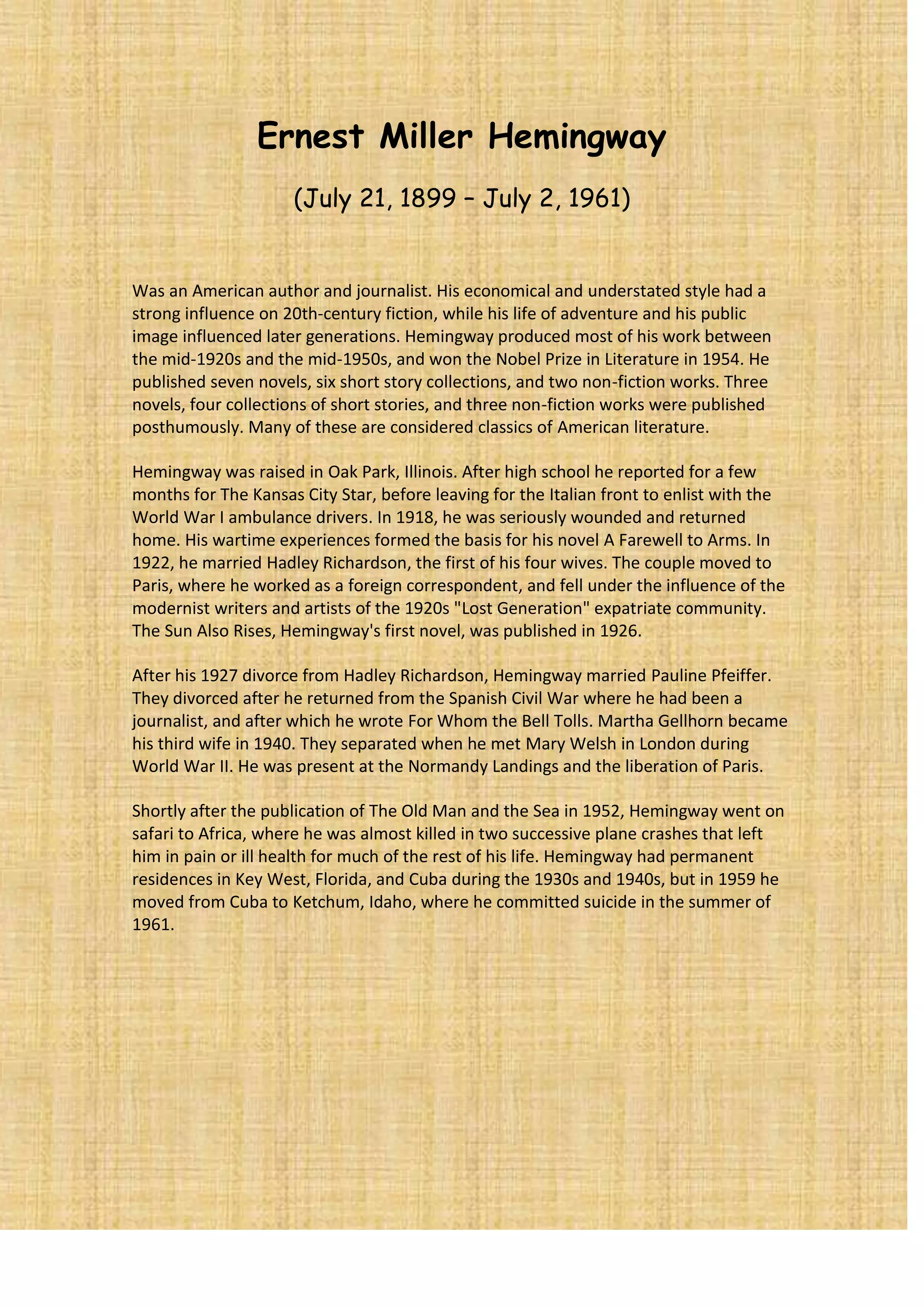 Ernest miller hemingway | PDF