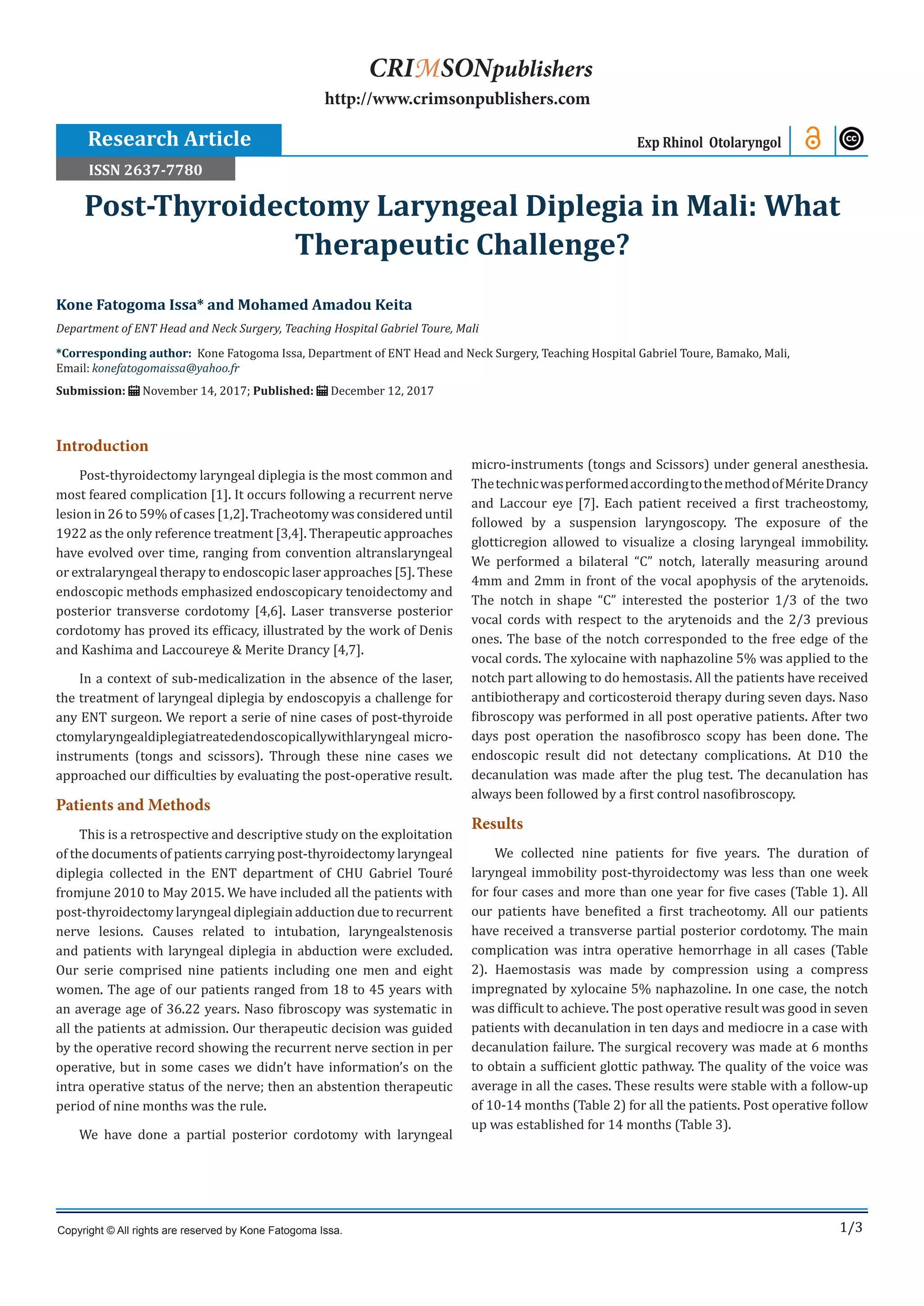 Crimson Publishers-Post-Thyroidectomy Laryngeal Diplegia in Mali: What ...