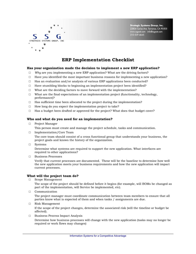 Erp implementation checklist | PDF | Computer Software and Applications | Computing