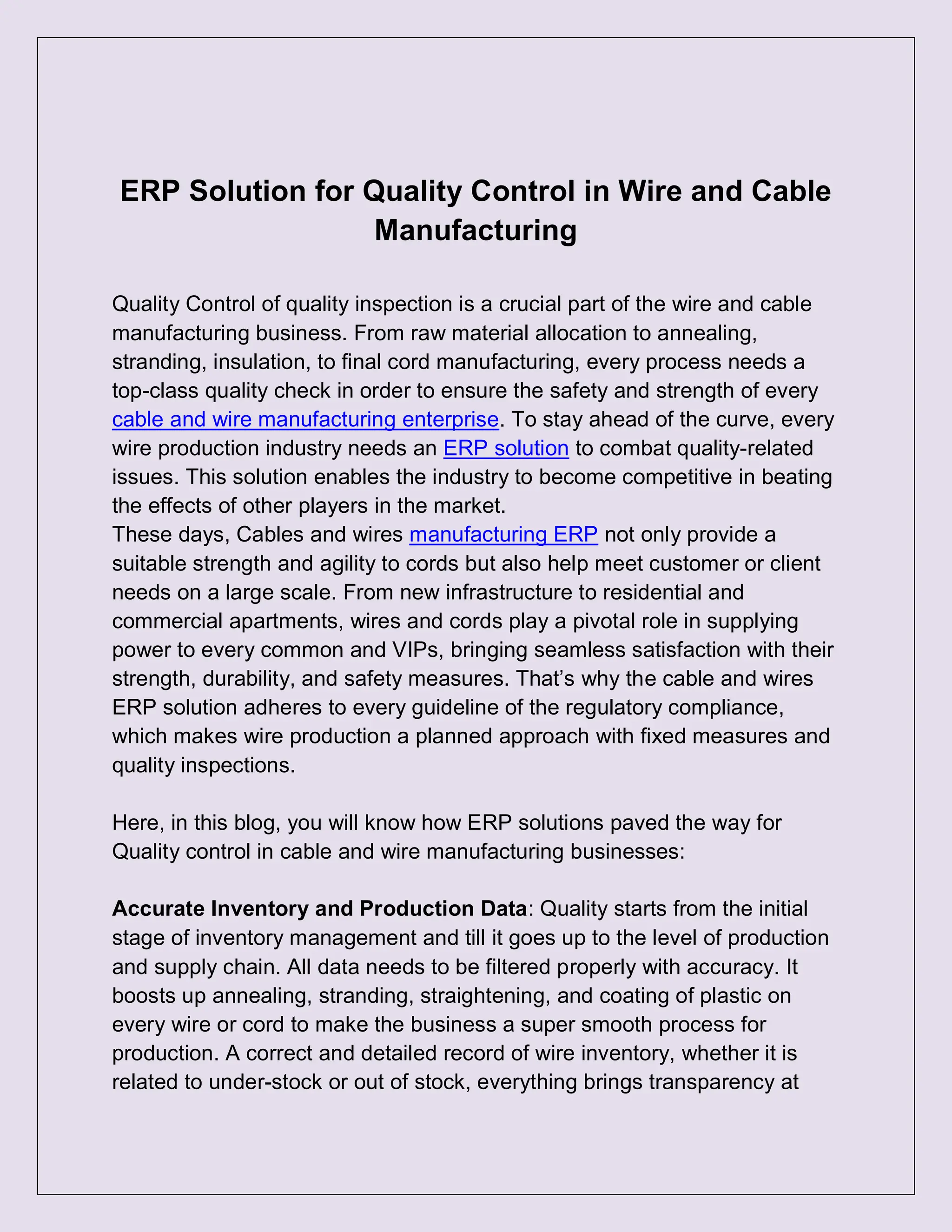 ERP Solution for Quality Control in Wire and Cable Manufacturing | PDF