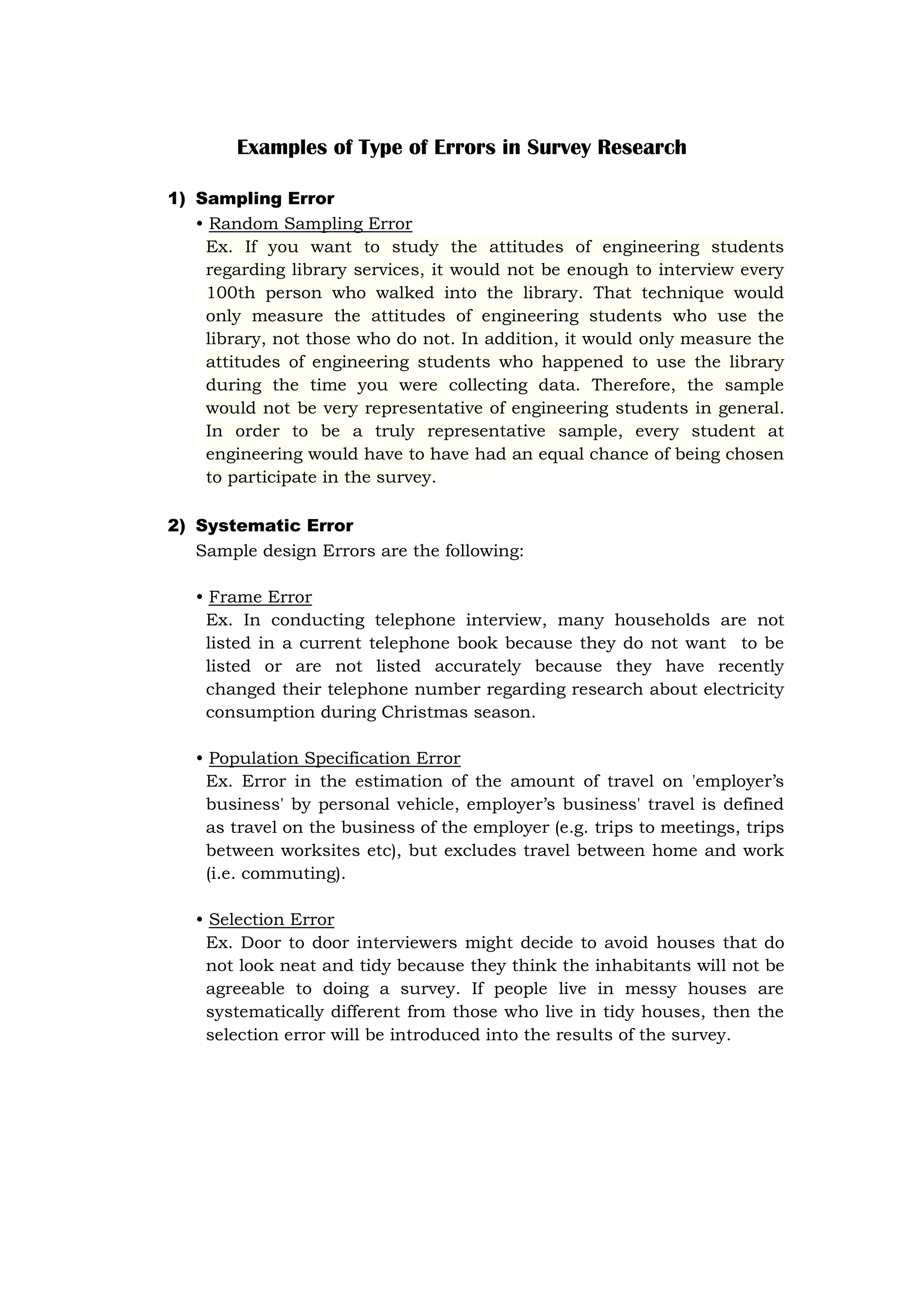 Examples of Type of Errors in Survey Research | DOCX
