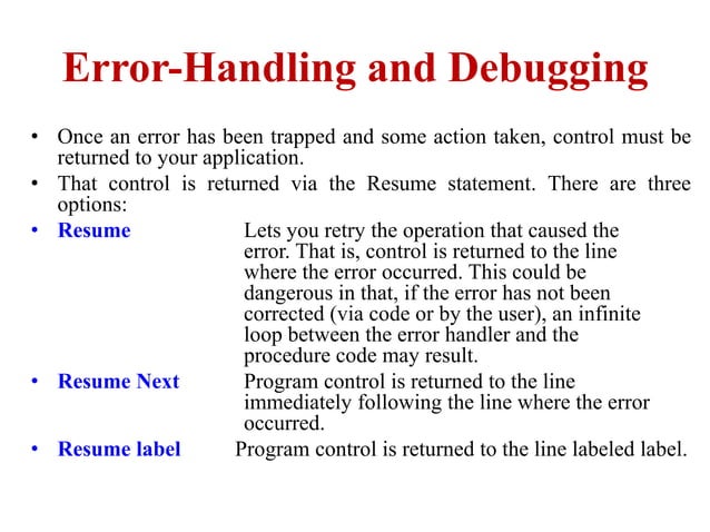 Error handling and debugging in vb