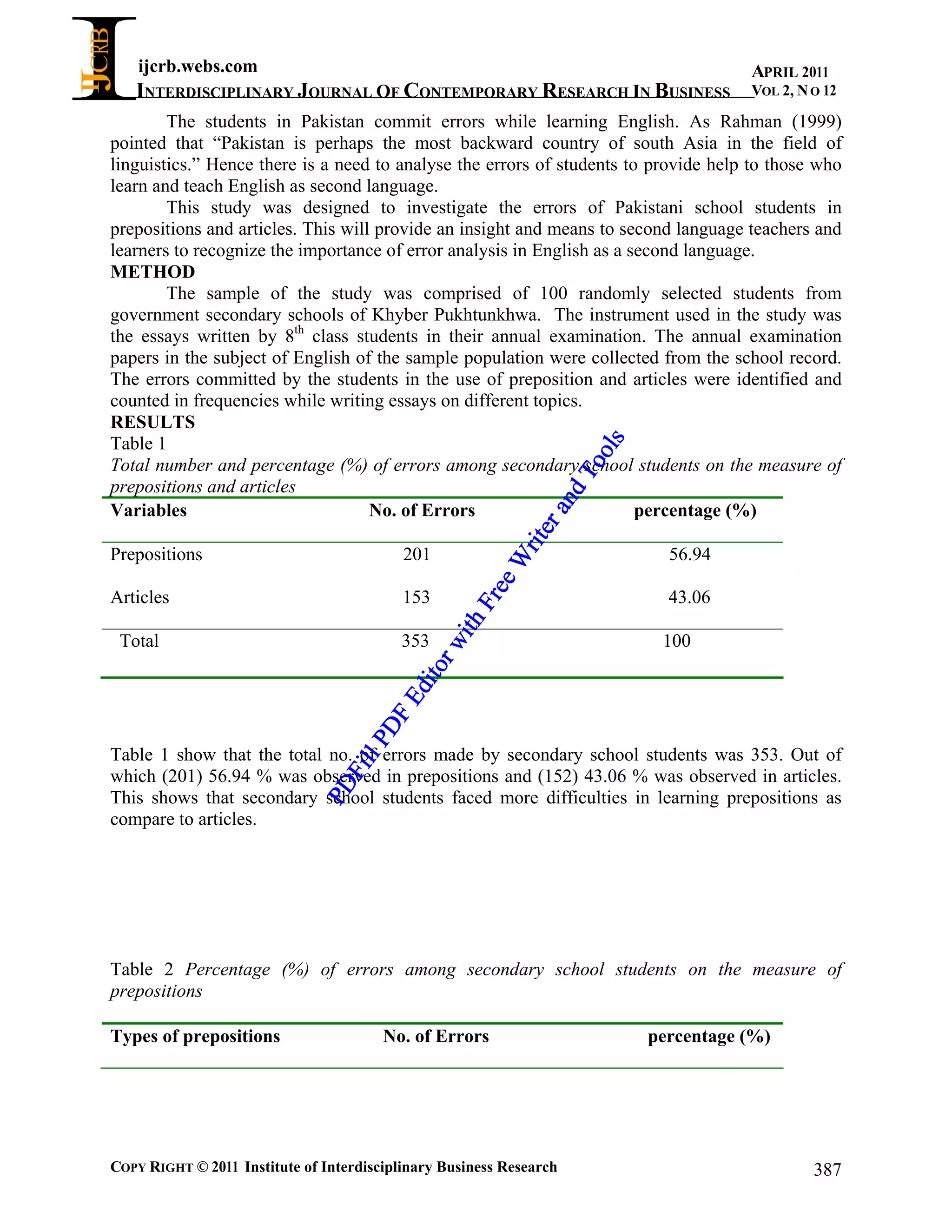 Error analysis learning articles and prepositions among secondary | PDF | Business ...