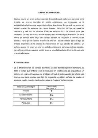 Error y estabilidad Teoria de control Saia | DOCX