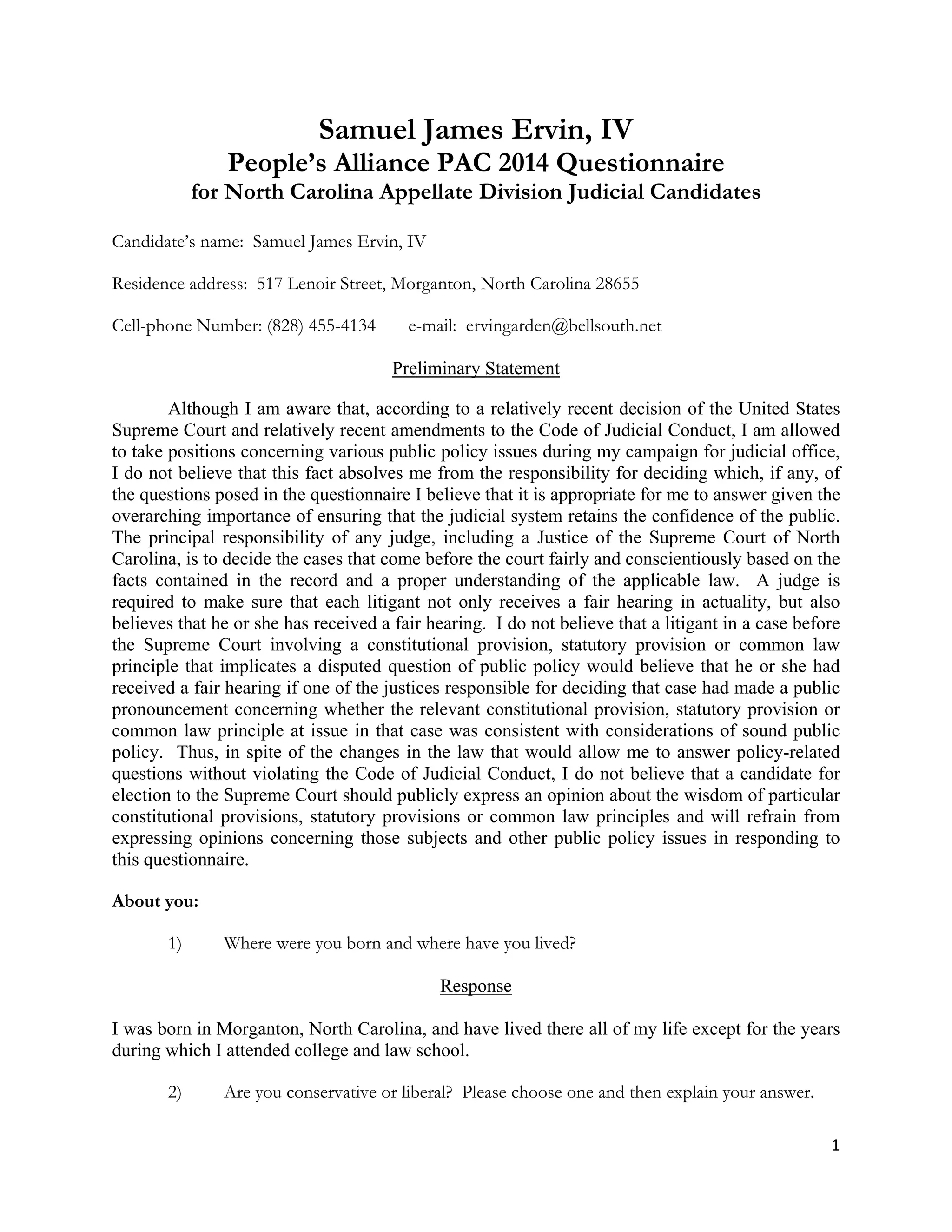 Samuel J Ervin 2014 PA-PAC Questionnaire | PDF