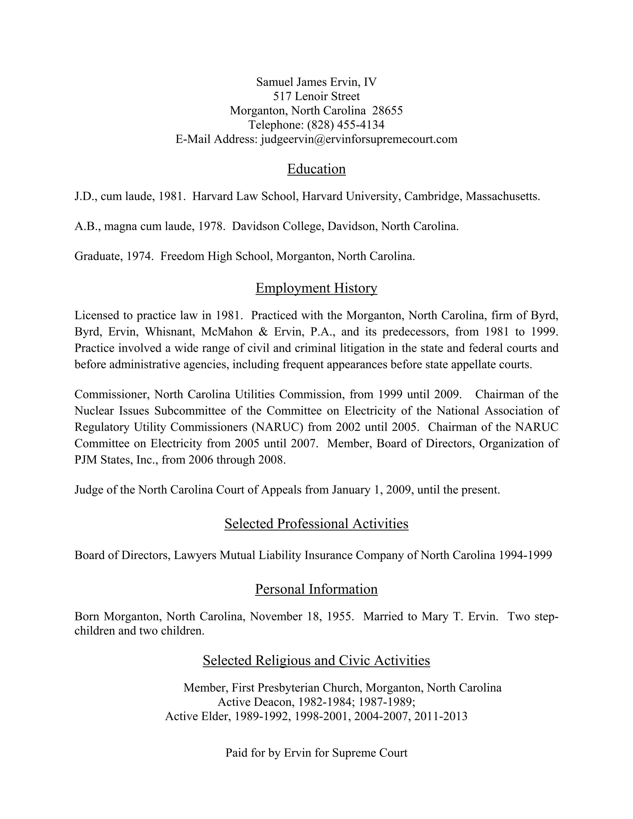 Samuel J Ervin 2014 PA-PAC Questionnaire | PDF