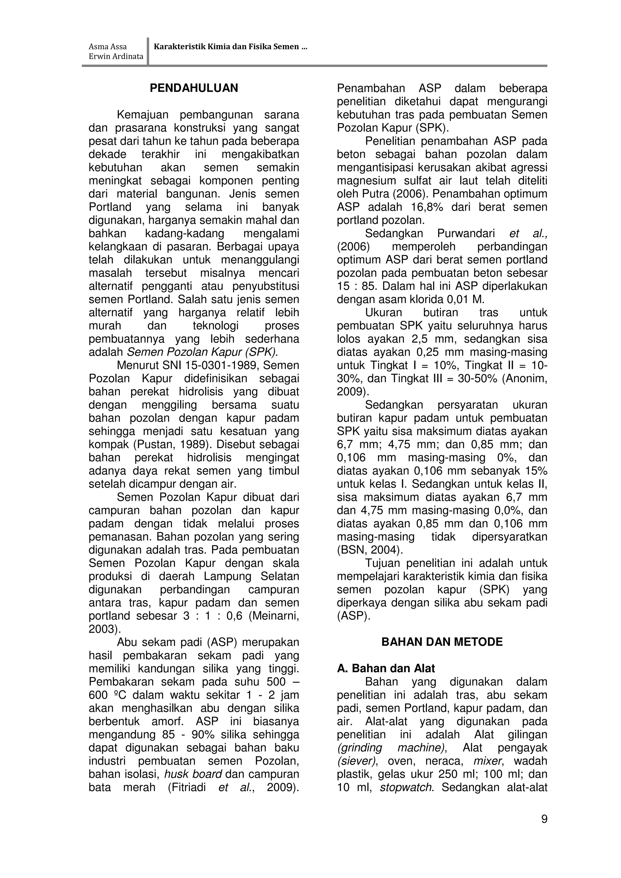 KARAKTERISTIK KIMIA DAN FISIKA SEMEN POZOLAN KAPUR YANG DIPERKAYA ...
