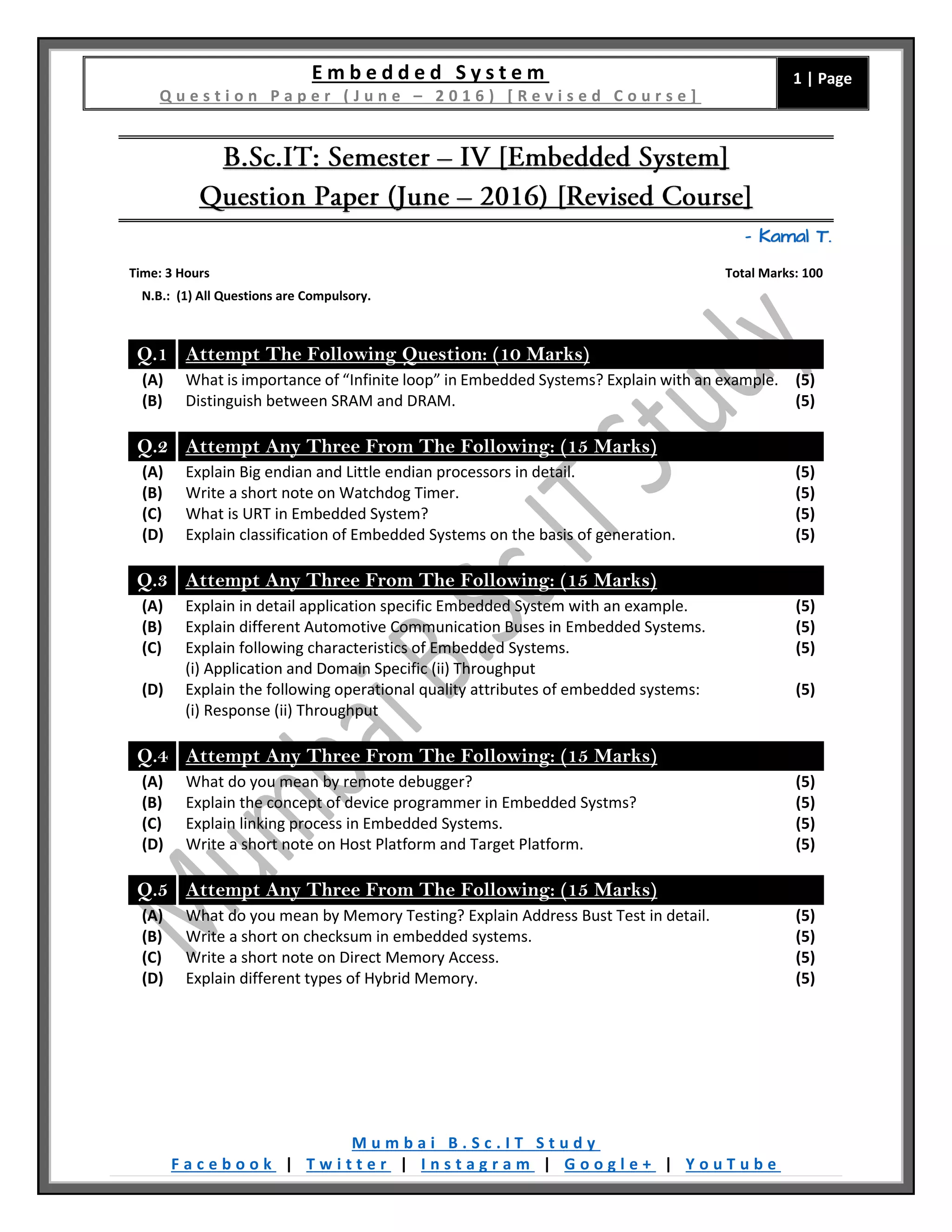 [Question Paper] Embedded System (Revised Course) [June / 2016] | PDF