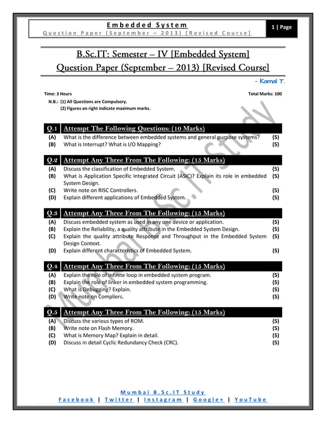 [Question Paper] Embedded System (Revised Course) [September / 2013] | PDF