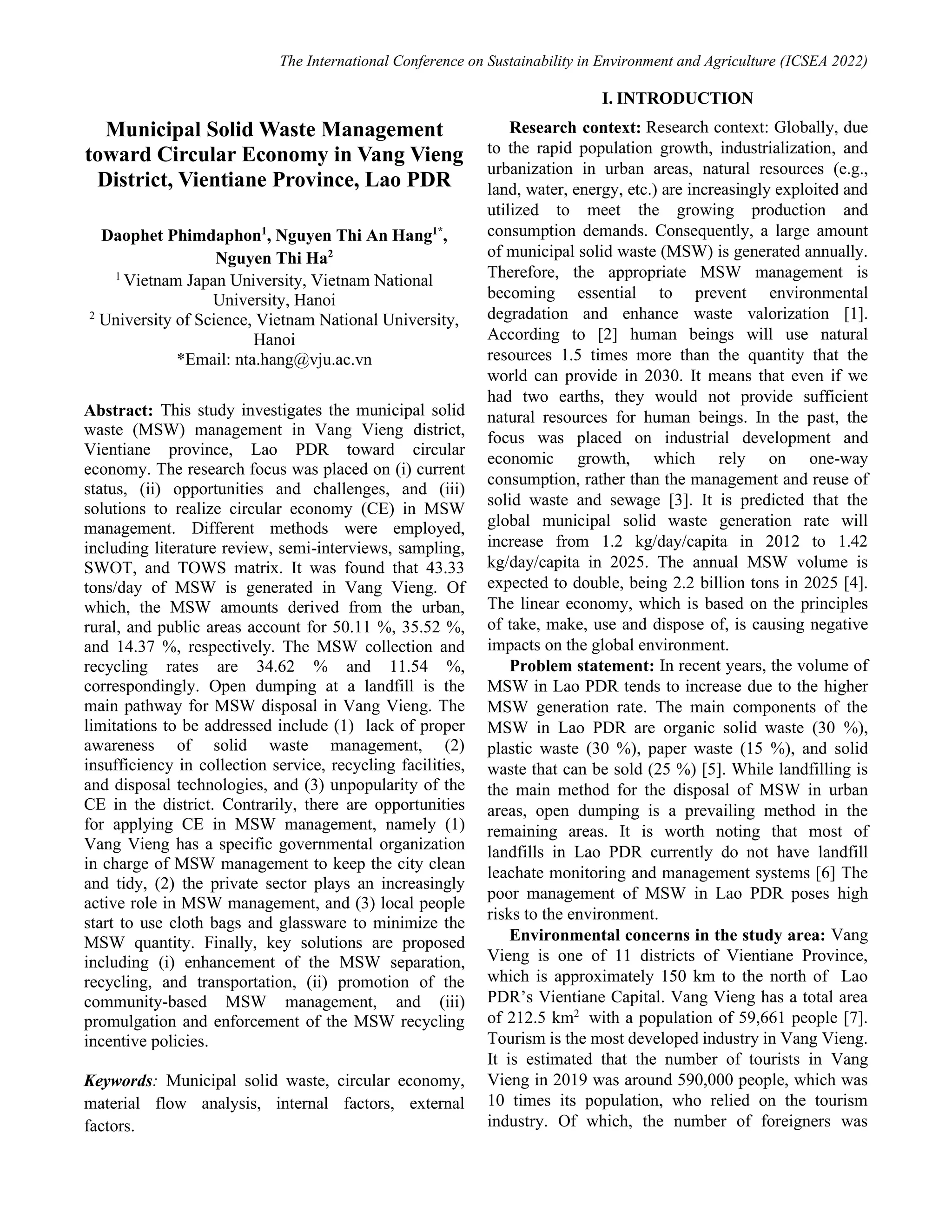 Municipal solid waste management toward circular economy in Vang Vieng ...