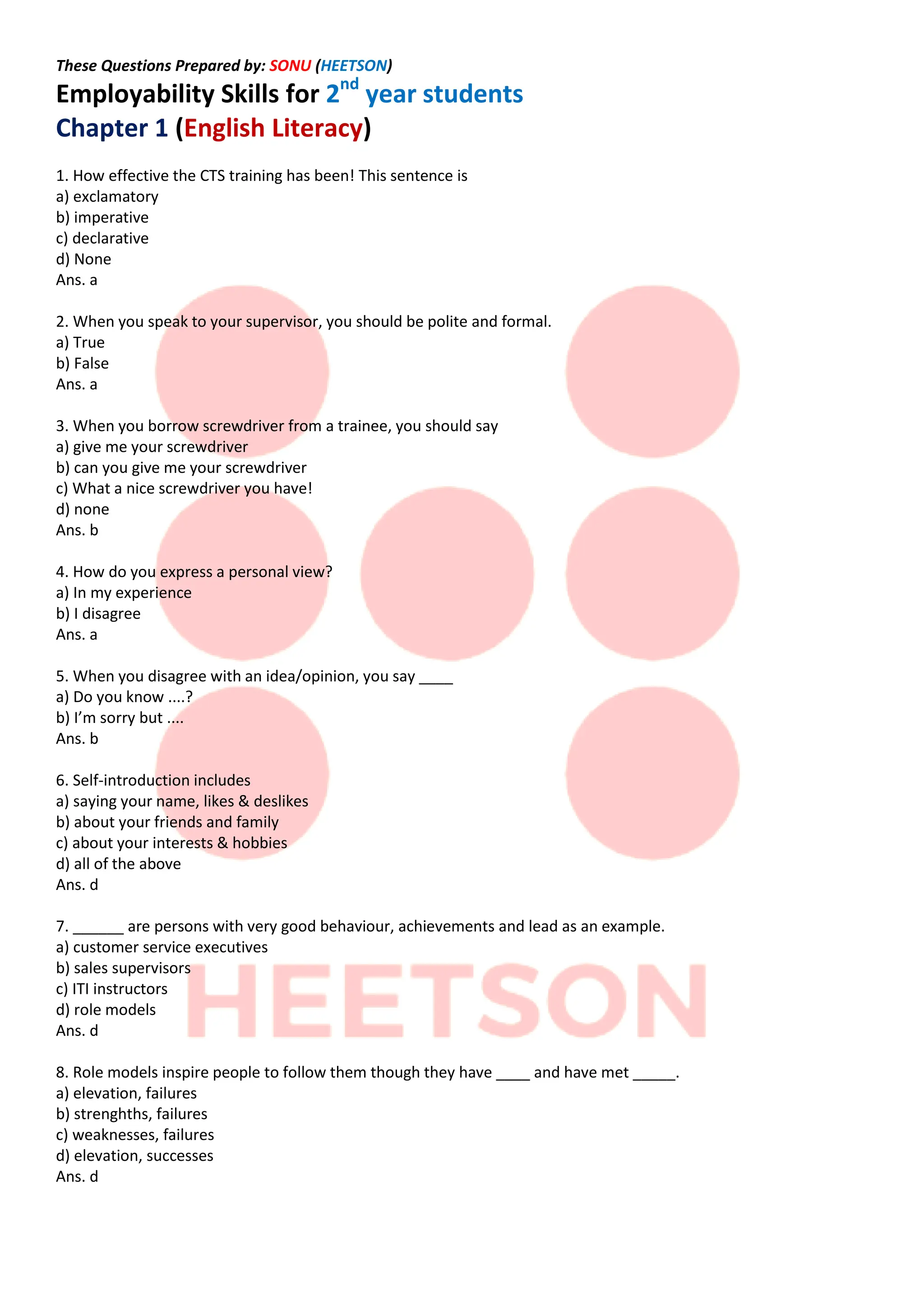 Employability Skills Semester 2 PDF English Literacy MCQ | PDF