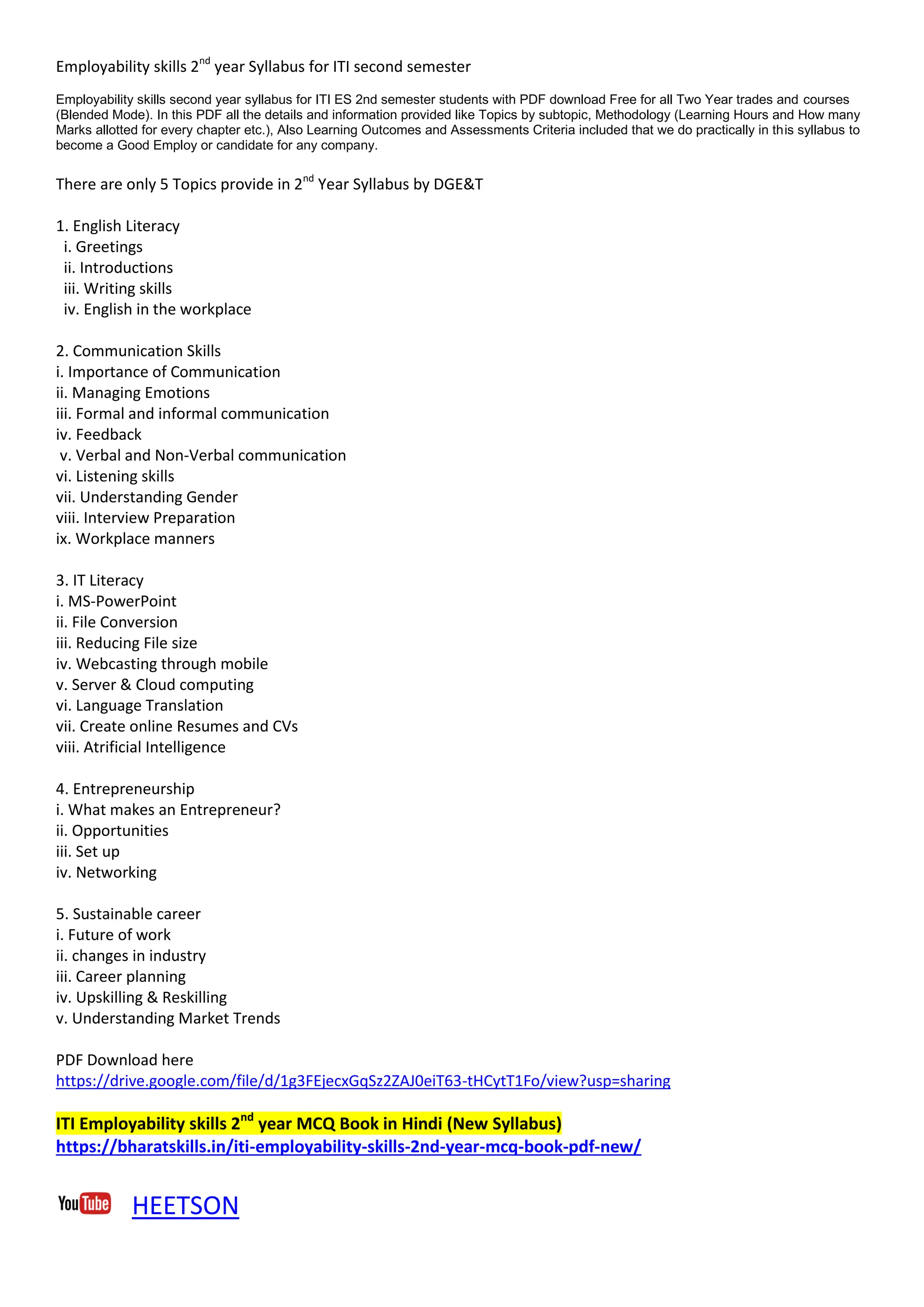ITI Employability skills 2nd year syllabus | PDF