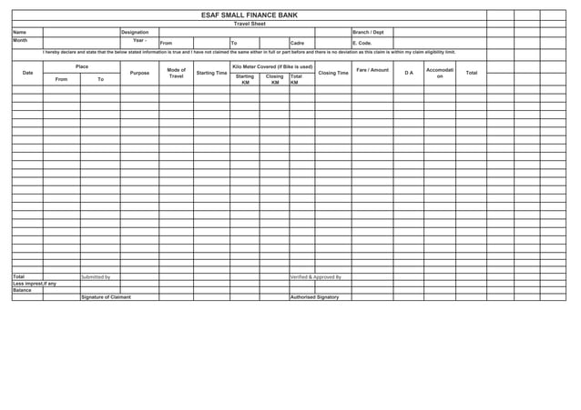 ESAF SFB TA SHEET (TRAVEL ALLOWANCE) | PDF