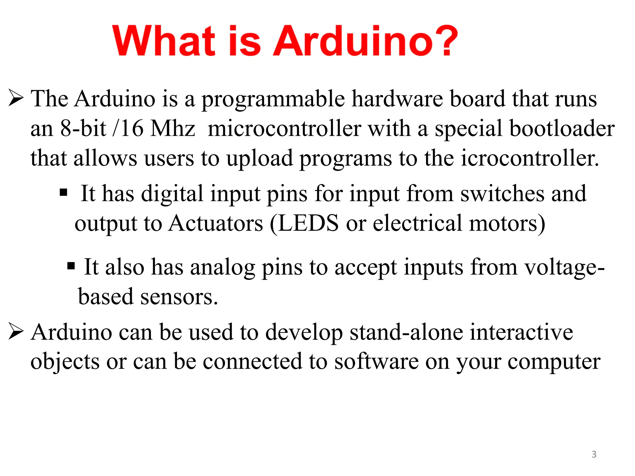 The document proceeds to explain the main components of an Arduino Uno ...