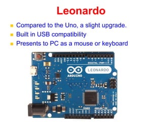 The document proceeds to explain the main components of an Arduino Uno ...
