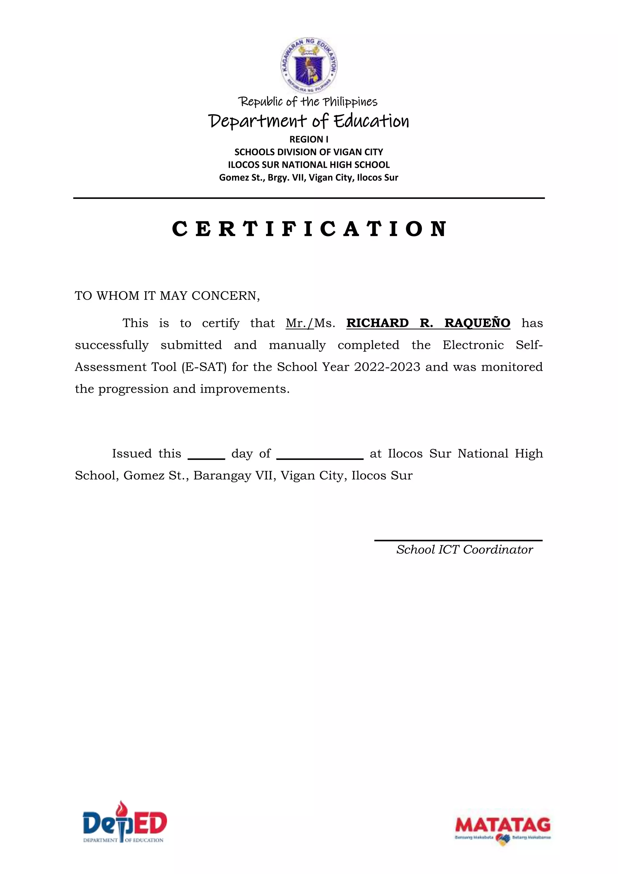 ESAT-Certification Template.dotx | Educational Assessment | Education