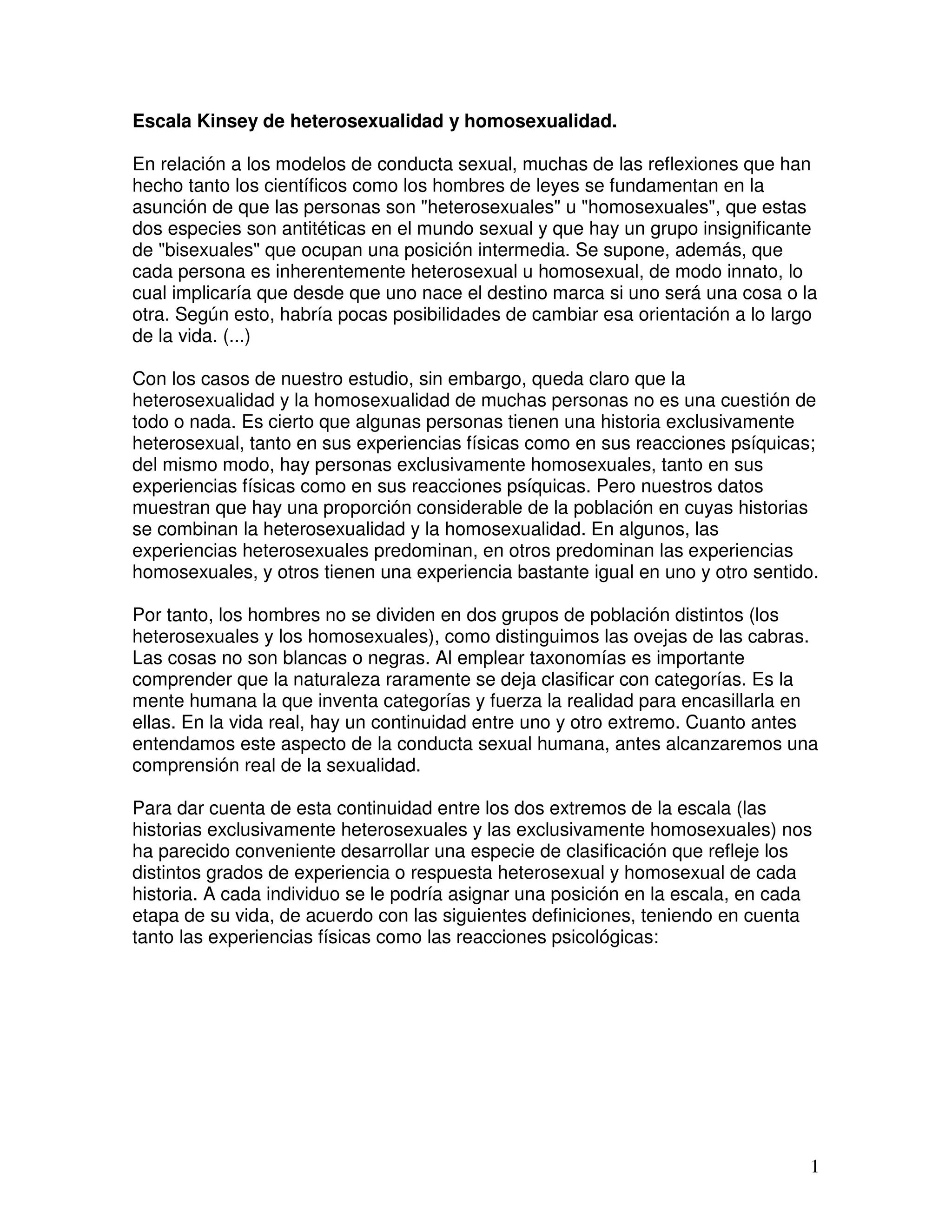Escala kinsey de heterosexualidad y homosexualidad | PDF