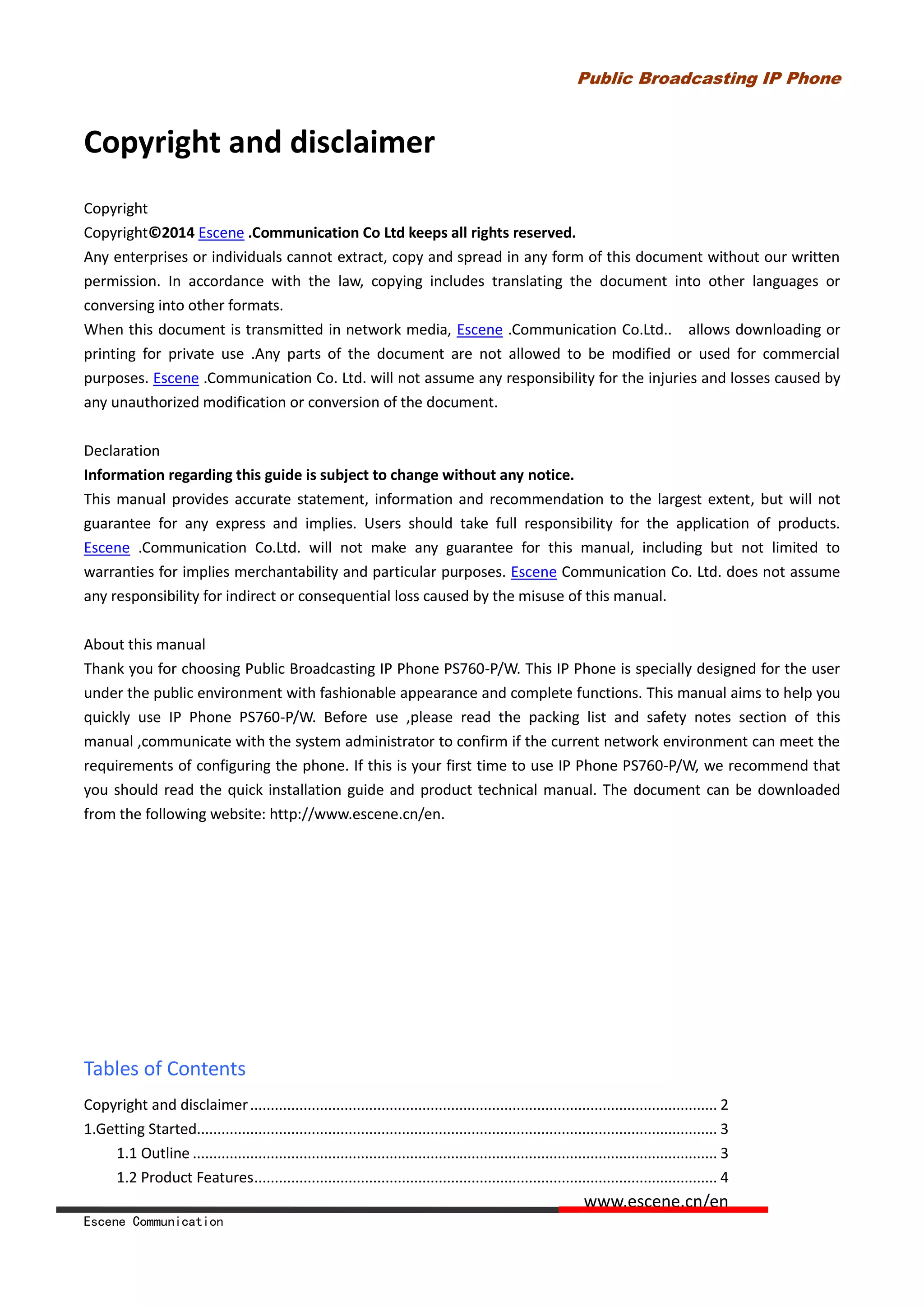Escene ceiling public broadcasting ip phone ps760 user manual | PDF