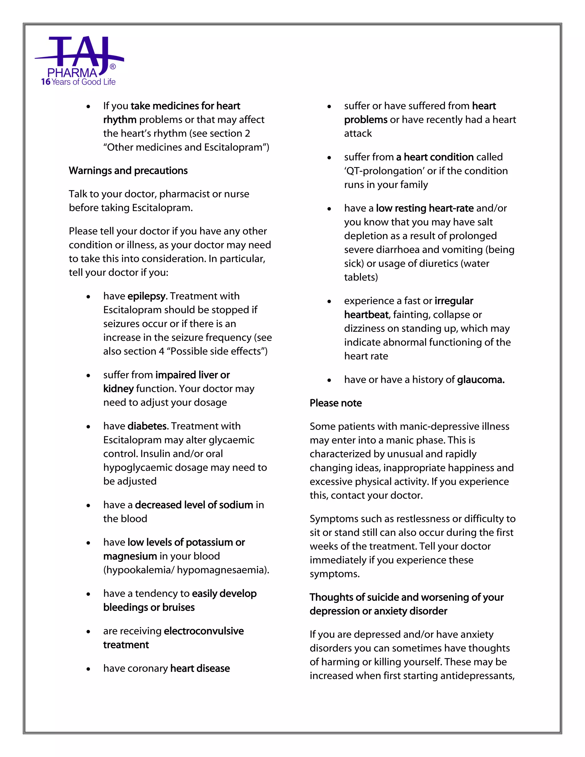 Escitalopram Tablets Taj Pharma PIL | PDF