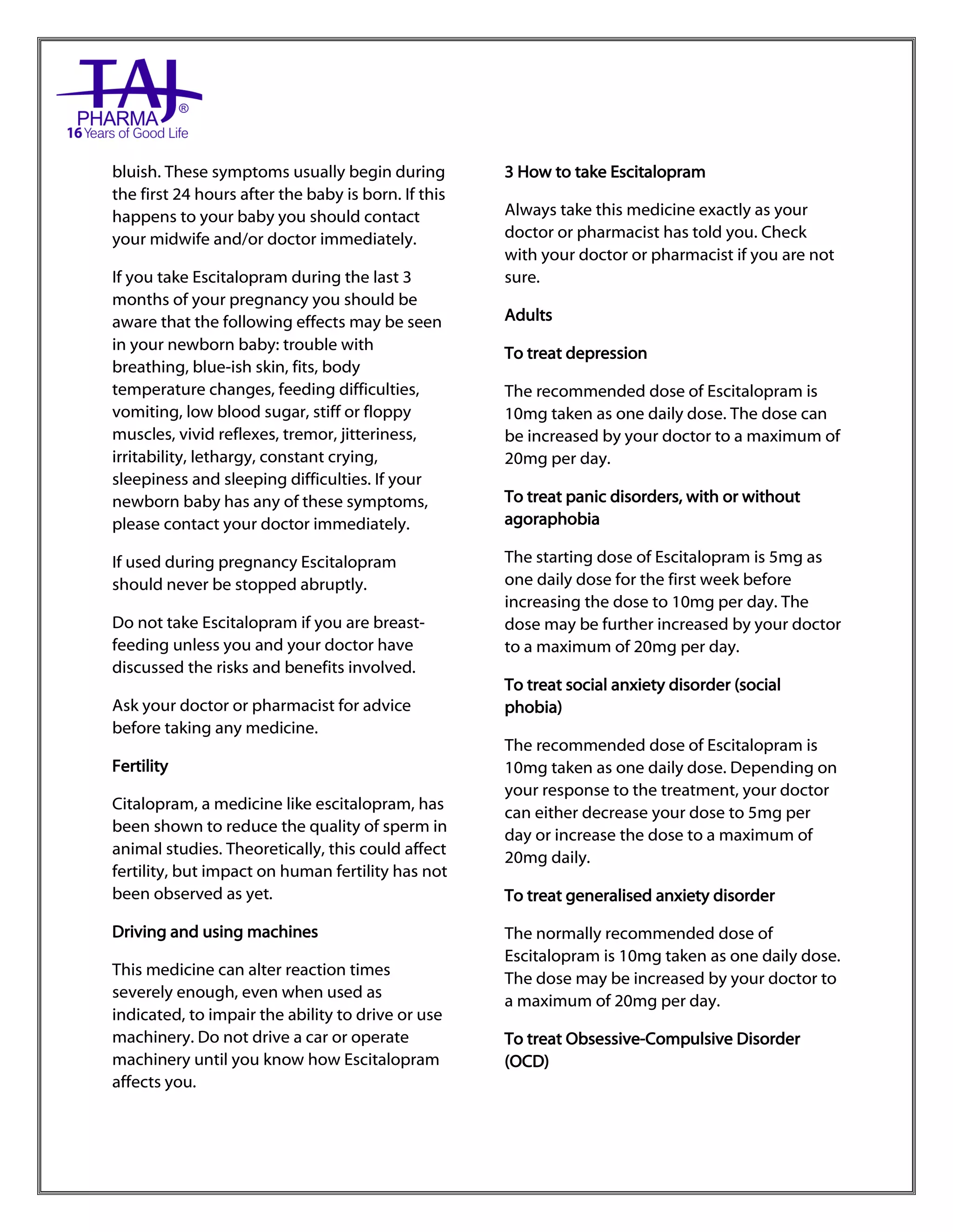 Escitalopram Tablets Taj Pharma PIL | PDF