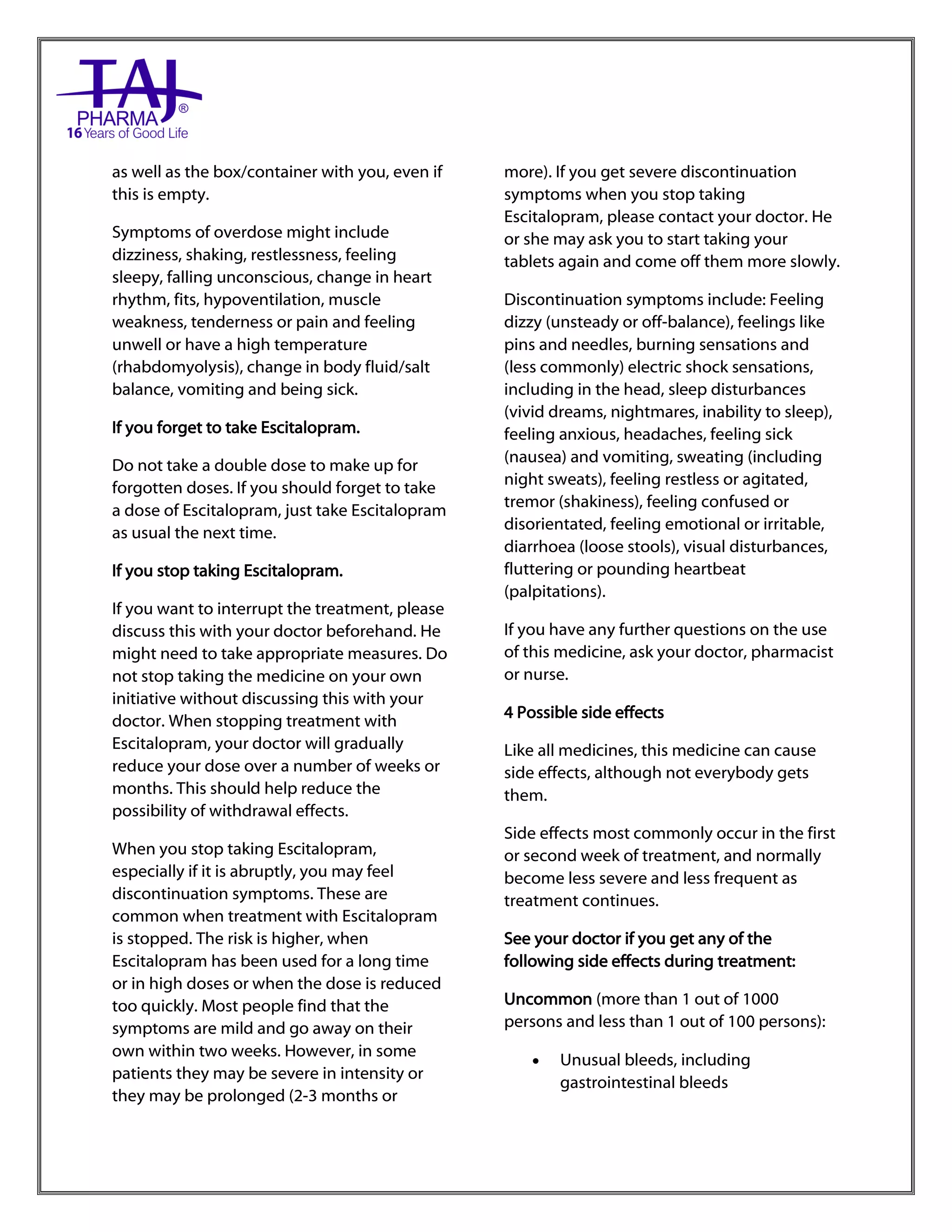 Escitalopram Tablets Taj Pharma PIL | PDF