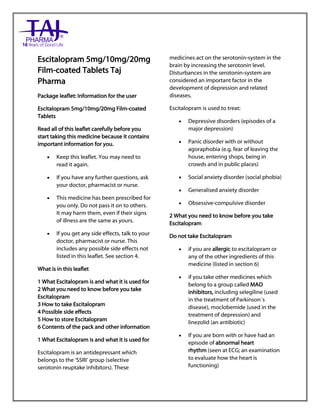 Escitalopram Tablets Taj Pharma PIL | PDF