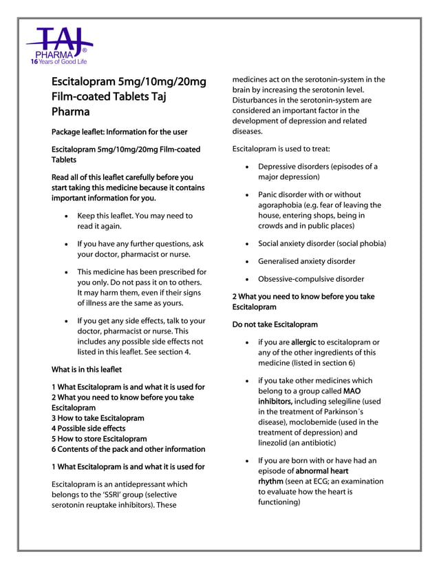 Escitalopram Tablets Taj Pharma PIL | PDF | Heart and Cardiovascular ...