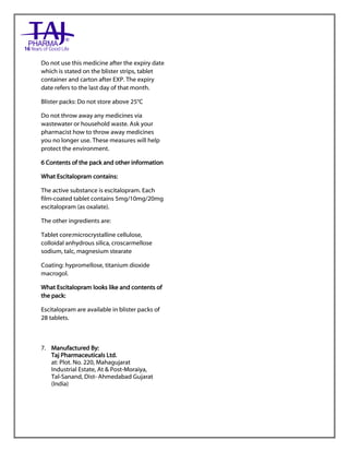 Escitalopram Tablets Taj Pharma PIL | PDF