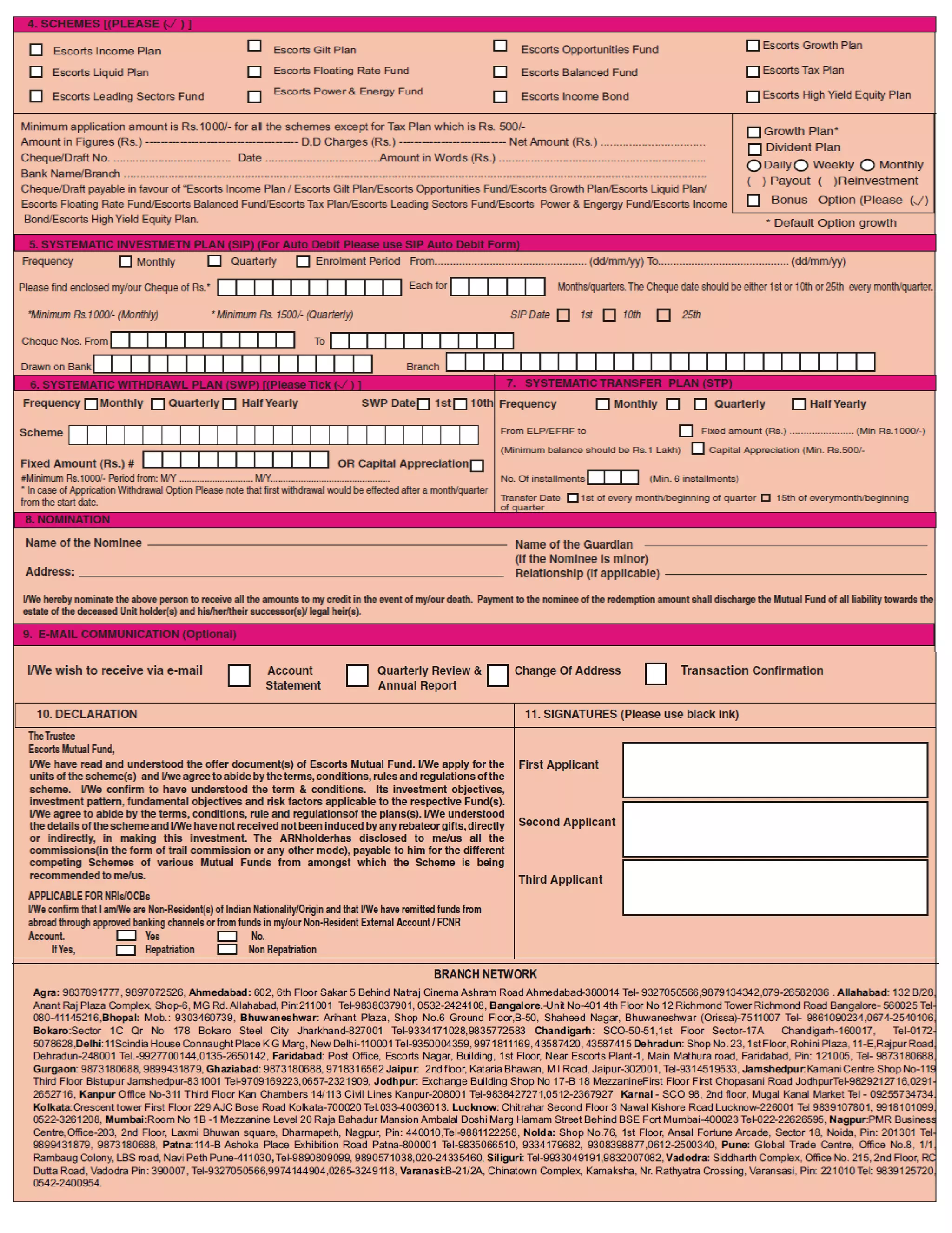 Escorts mutual fund common application form | PDF