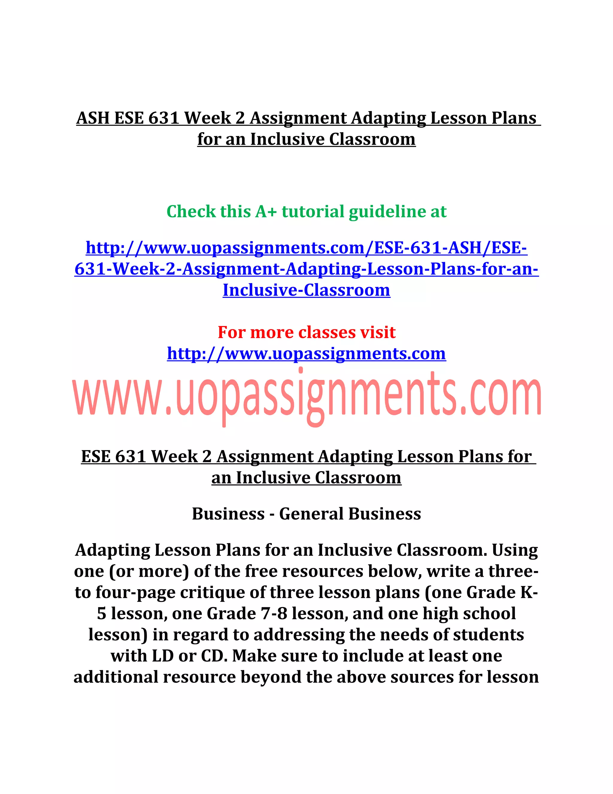 Ese 631 week 2 assignment adapting lesson plans for an inclusive ...