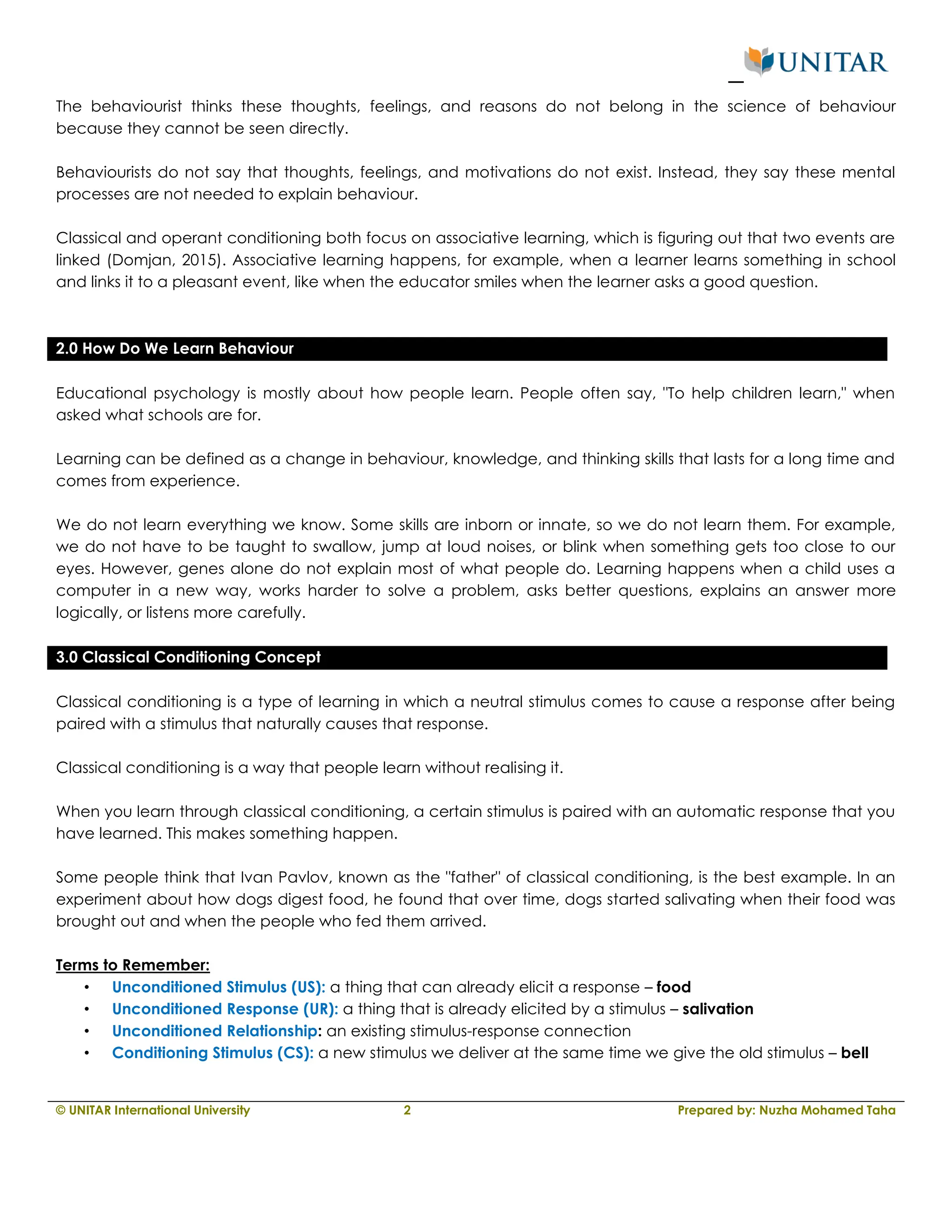 ESEB3293_Lesson_2_Topic_2_Classical Conditioning and Learning | PDF