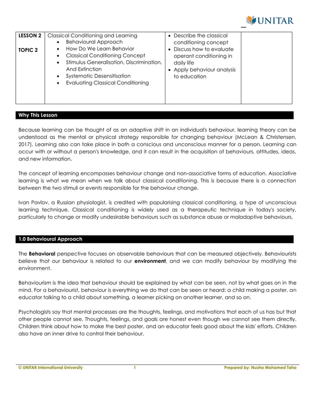ESEB3293_Lesson_2_Topic_2_Classical Conditioning and Learning | PDF