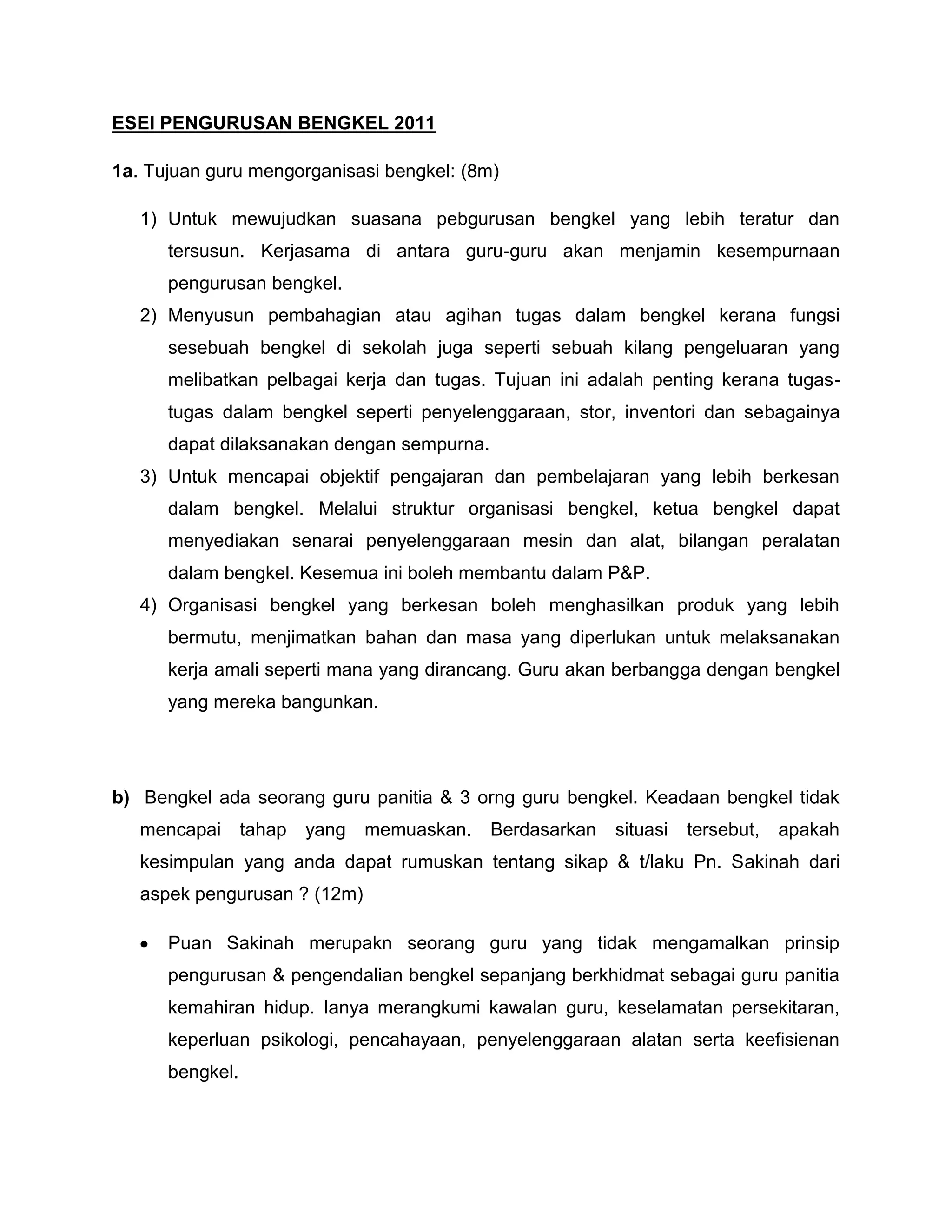 Esei pengurusan bengkel 2011 | DOCX