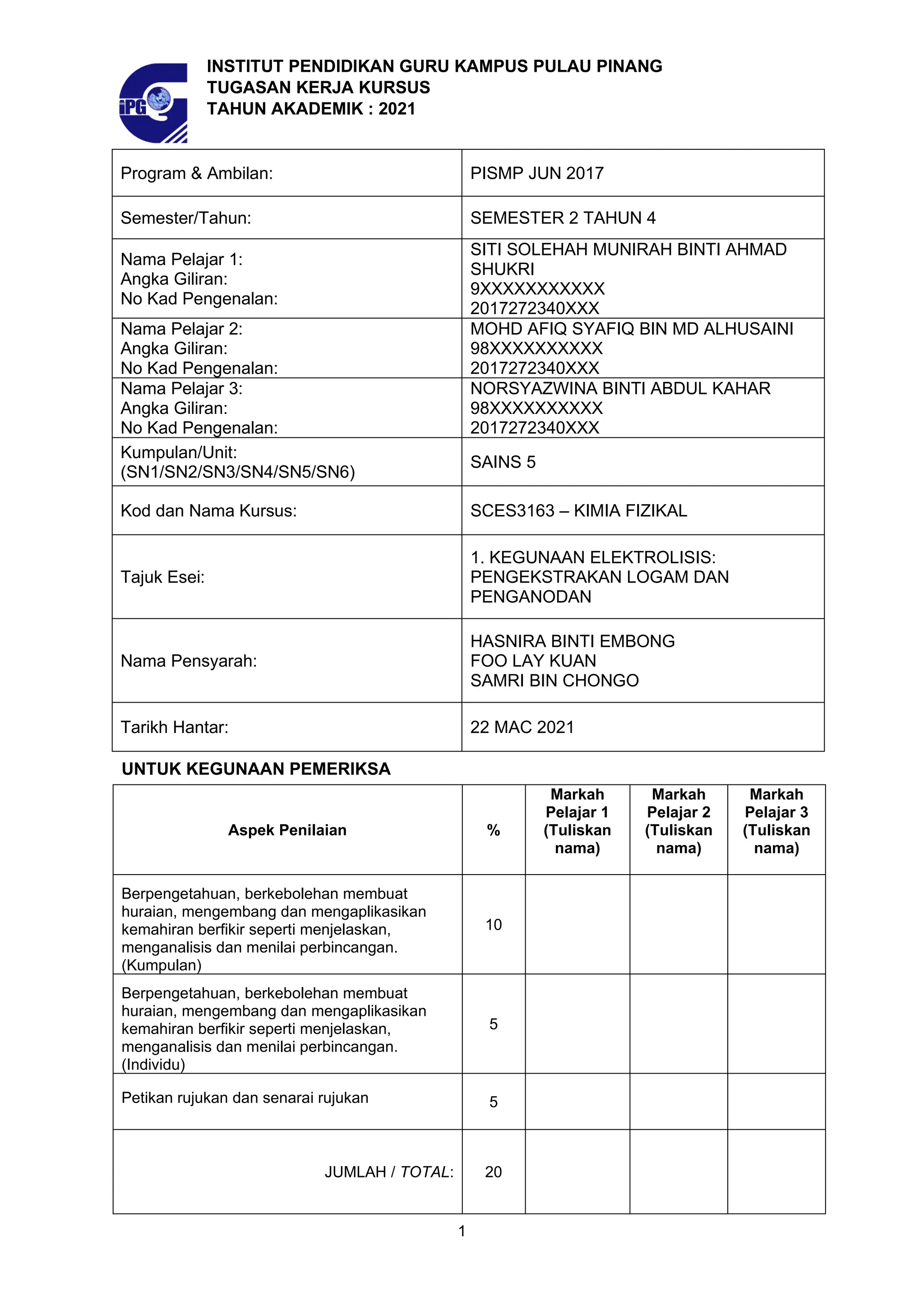 SCES3163 Esei Kegunaan Elektrolisis: Pengekstrakan Logam & Penganodan | PDF