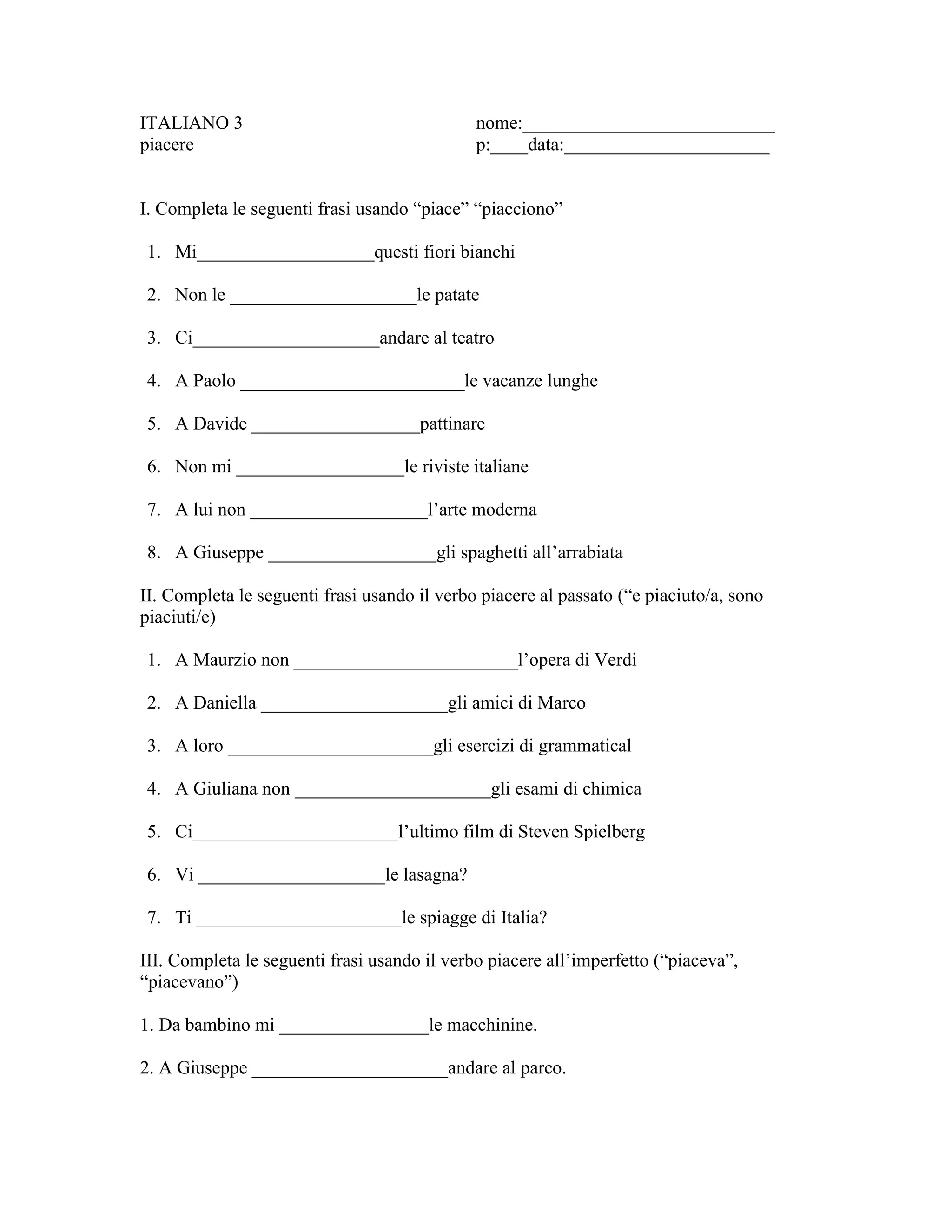 Esercizi verbo piacere | PDF