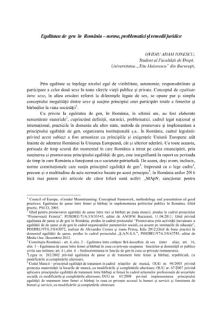 Eseu Egalitatea de gen în Romania - norme, problematici și soluții juridice + bibliografie | PDF